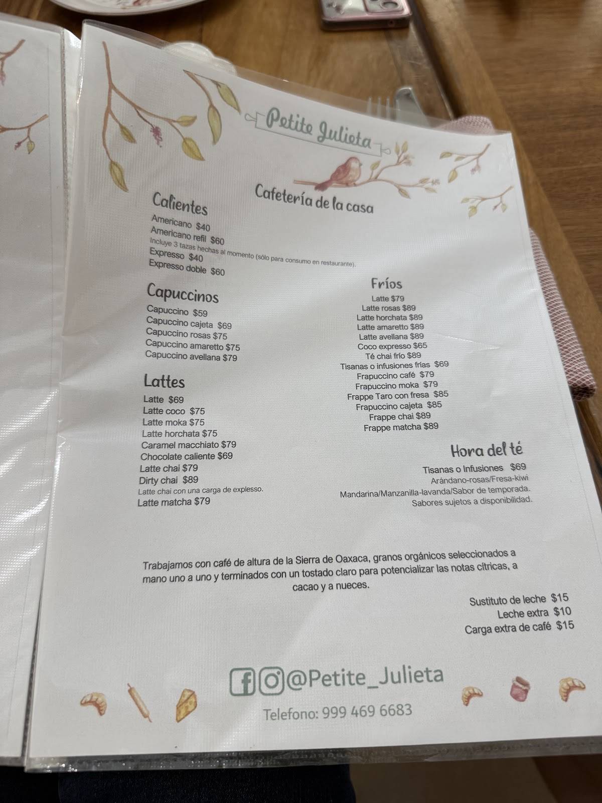 Carta del restaurante Petite Julieta Mérida, Merida