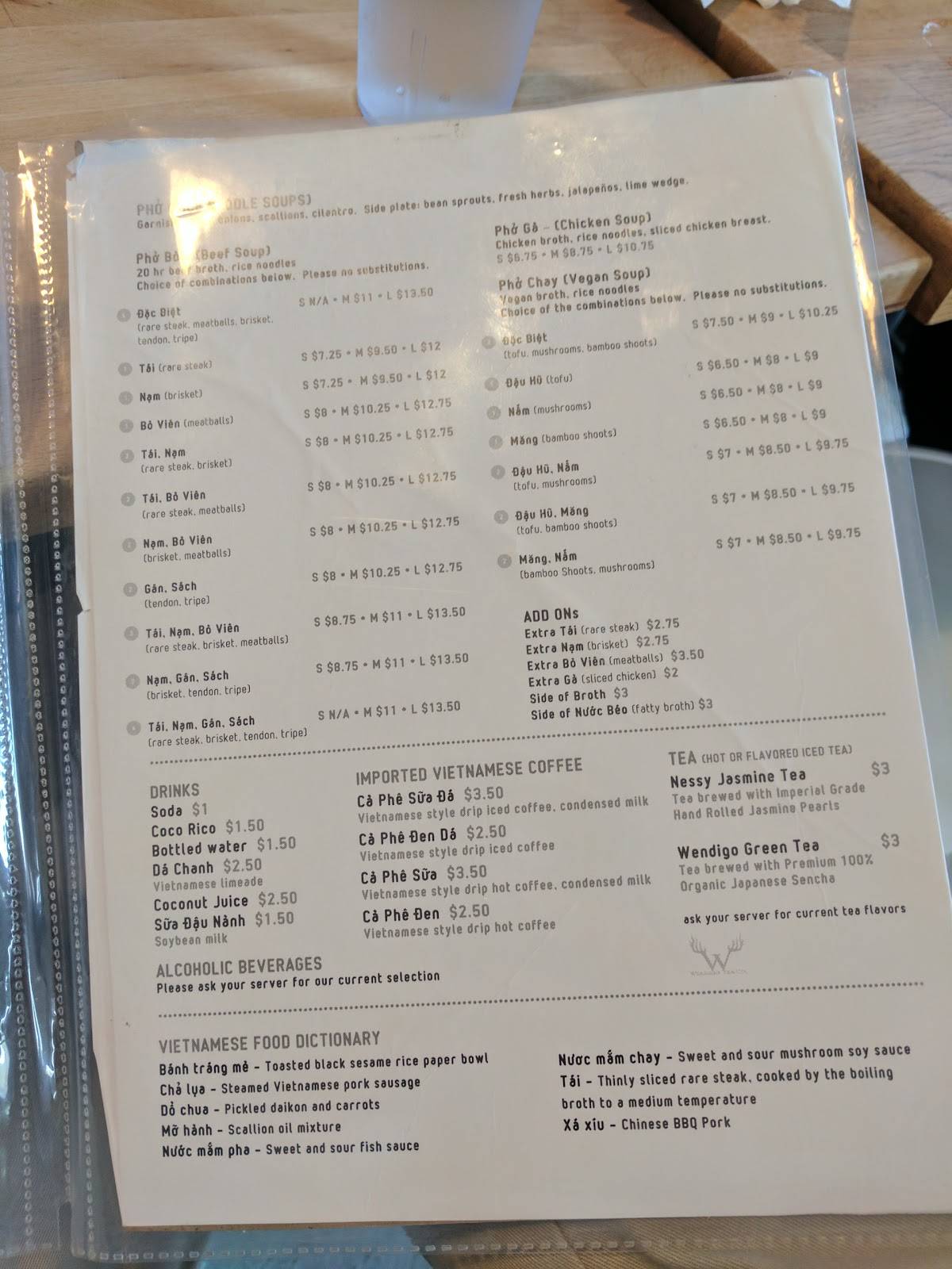 Menu at Pho Lang Thang restaurant, Cincinnati