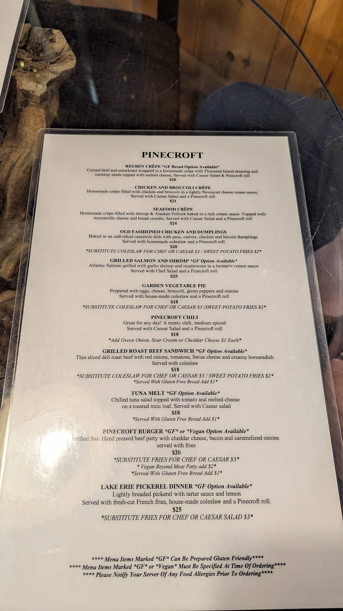 Menu at Pinecroft restaurant, Aylmer, Rogers Rd