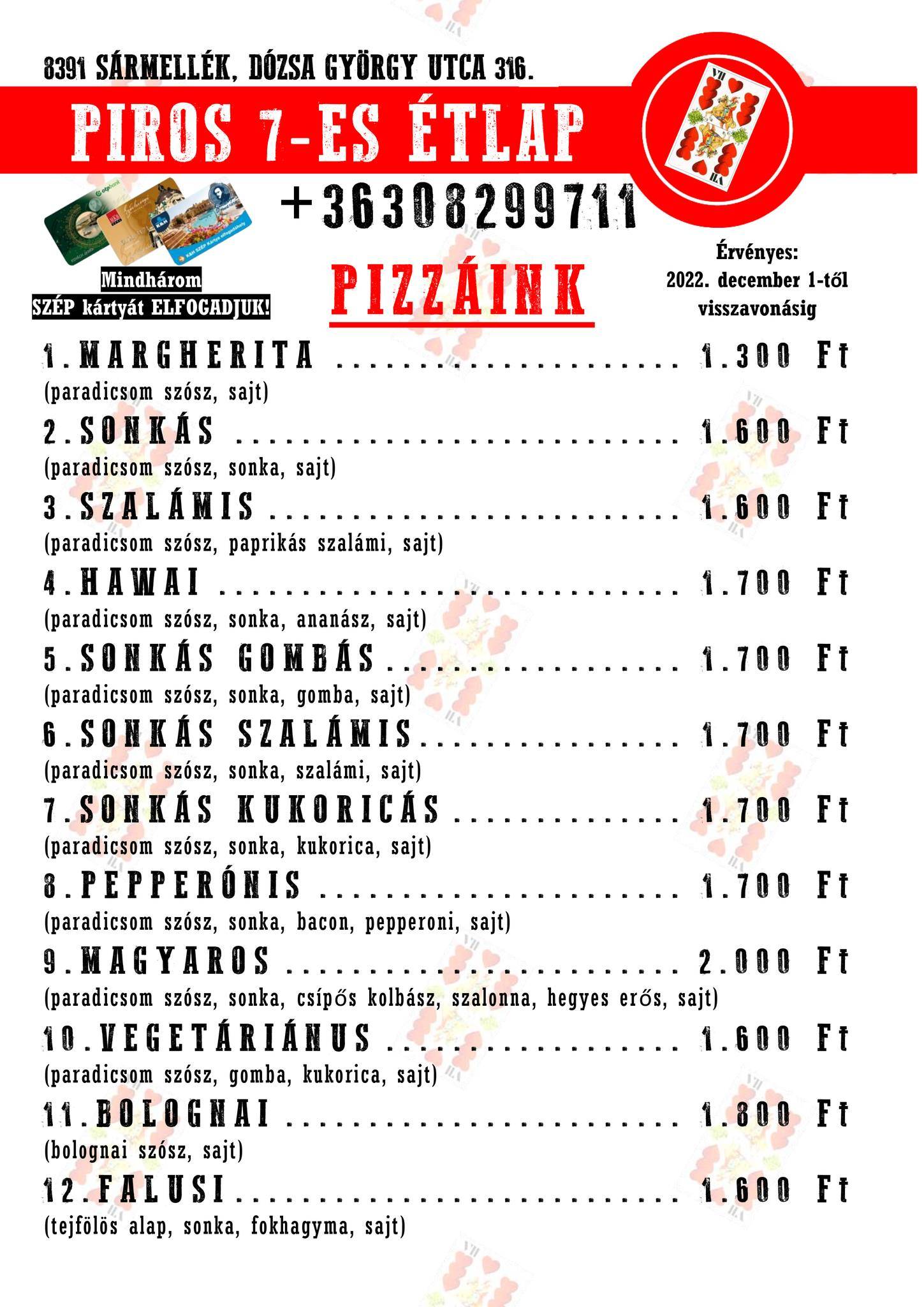 Menu at Piros 7-es Presszó és Étterem restaurant, Sármellék