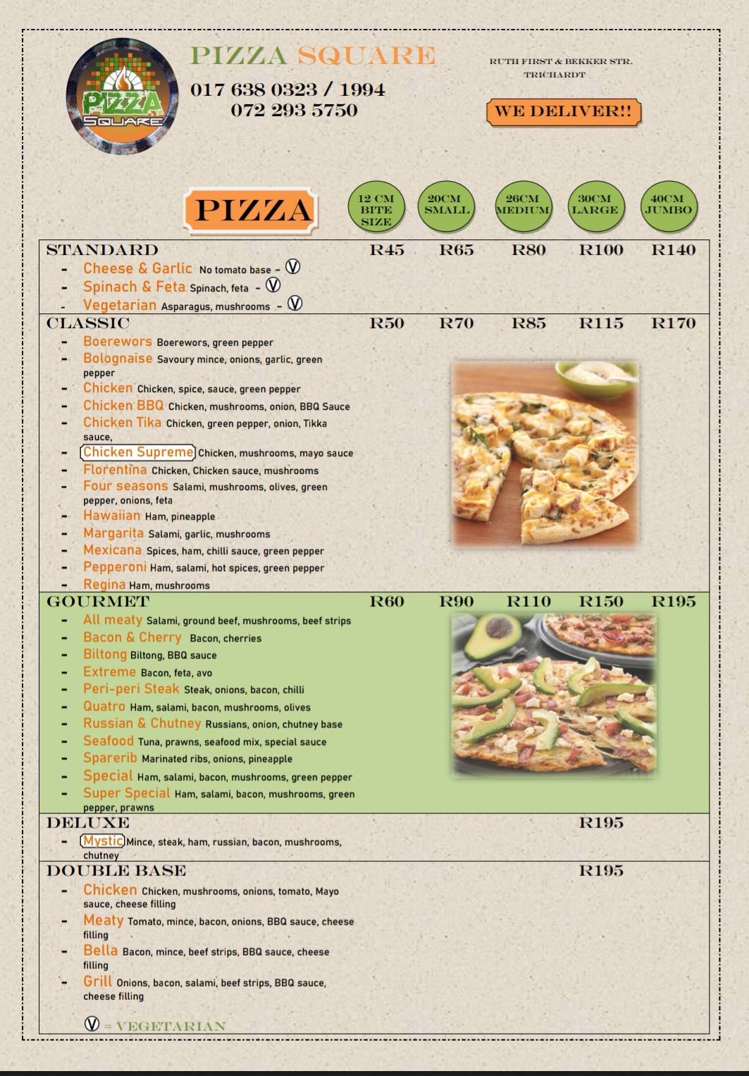 Menu at Pizza Square restaurant, Trichardt