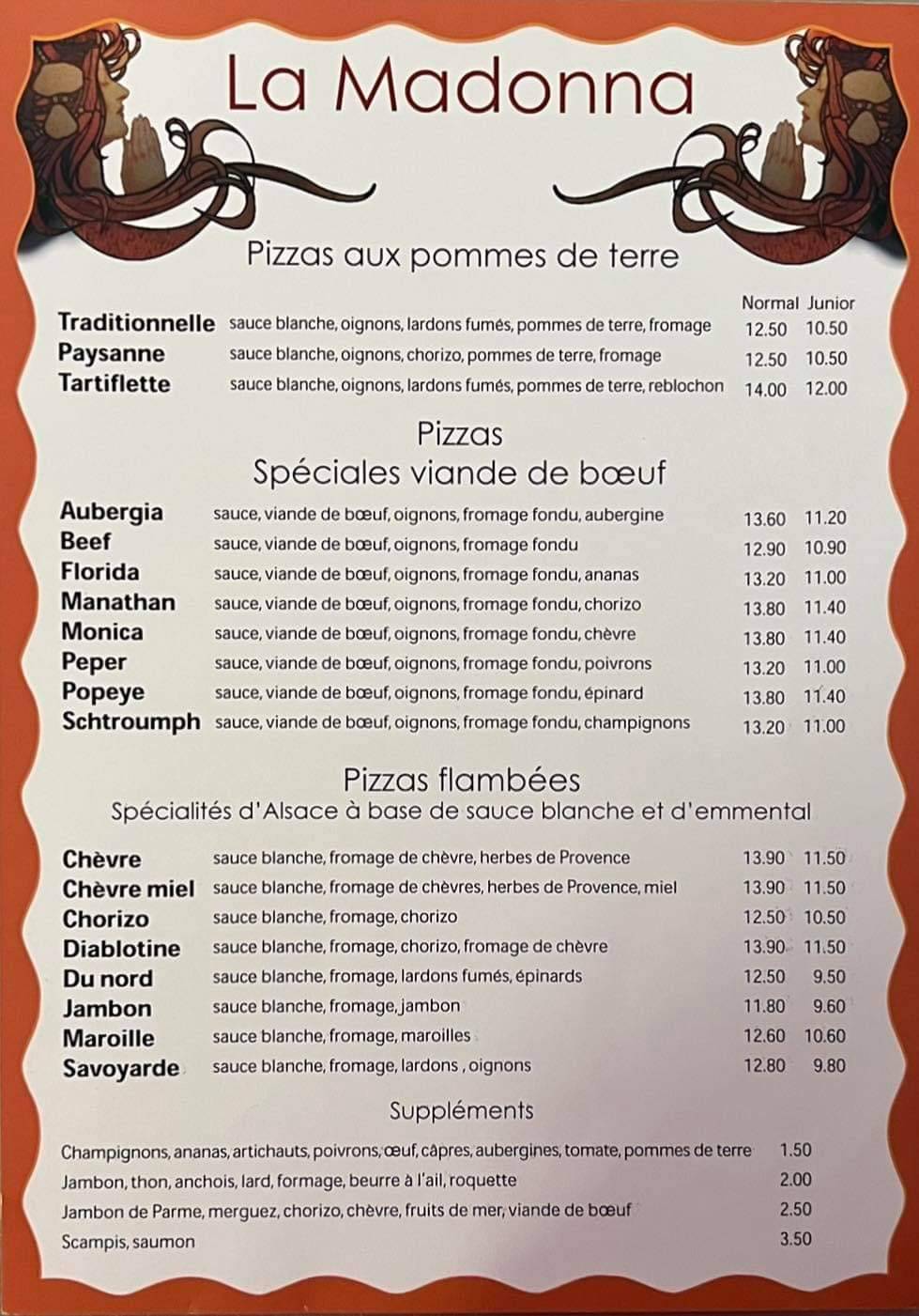 Menu au Pizzeria La Madonna, Antoing