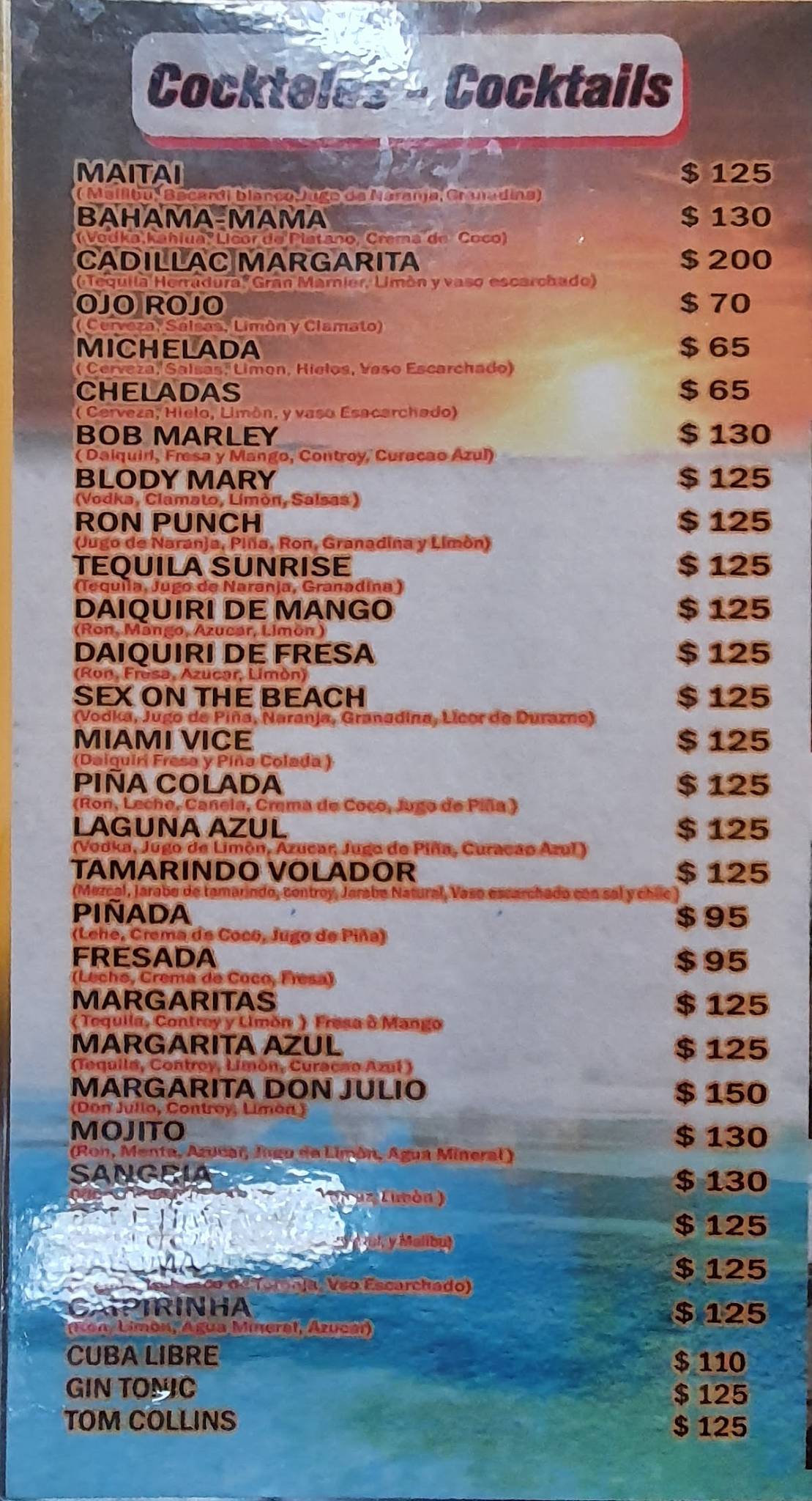 Menu at Playa Tiburon restaurant, Isla Mujeres
