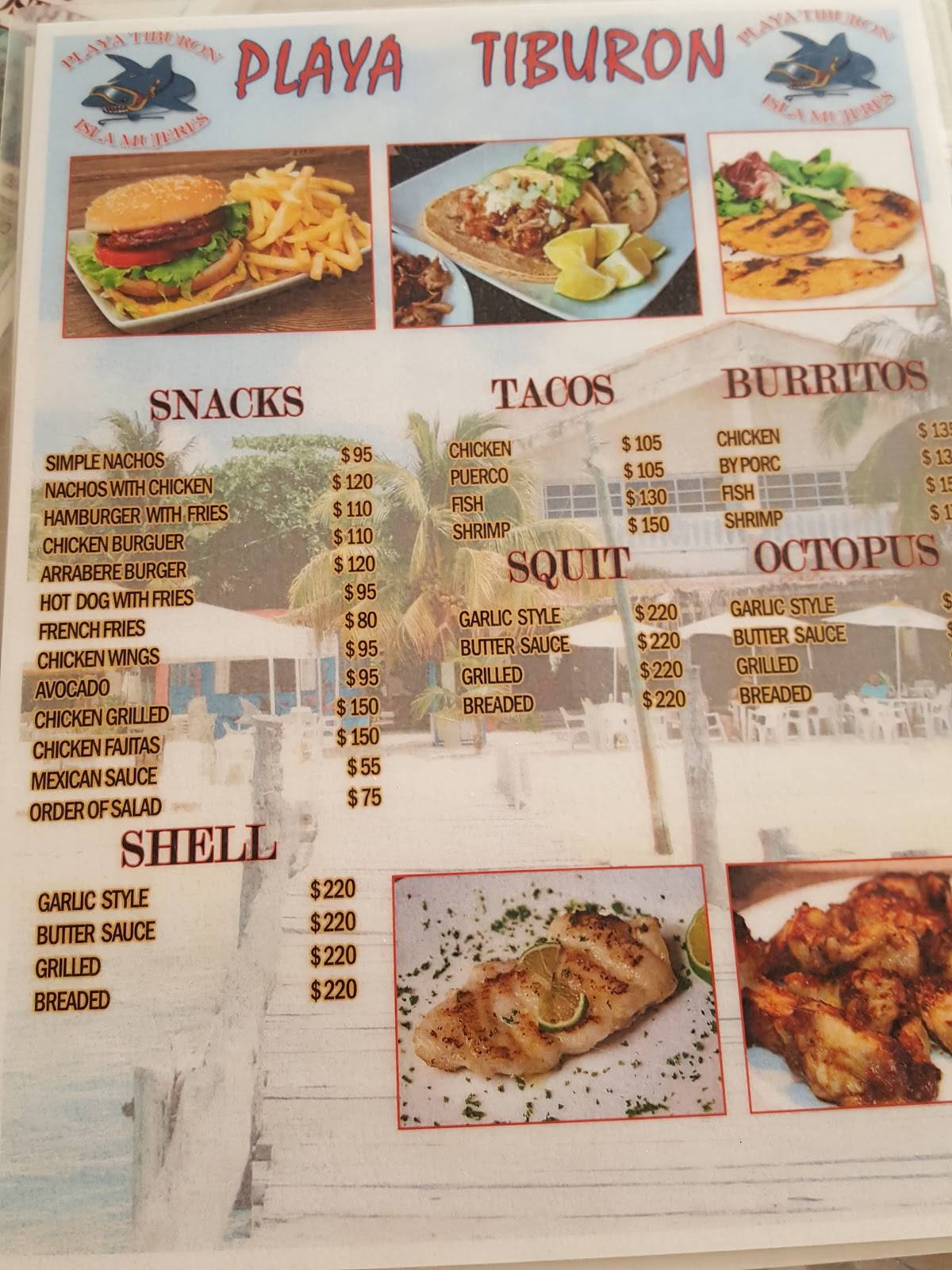 Menu at Playa Tiburon restaurant, Isla Mujeres