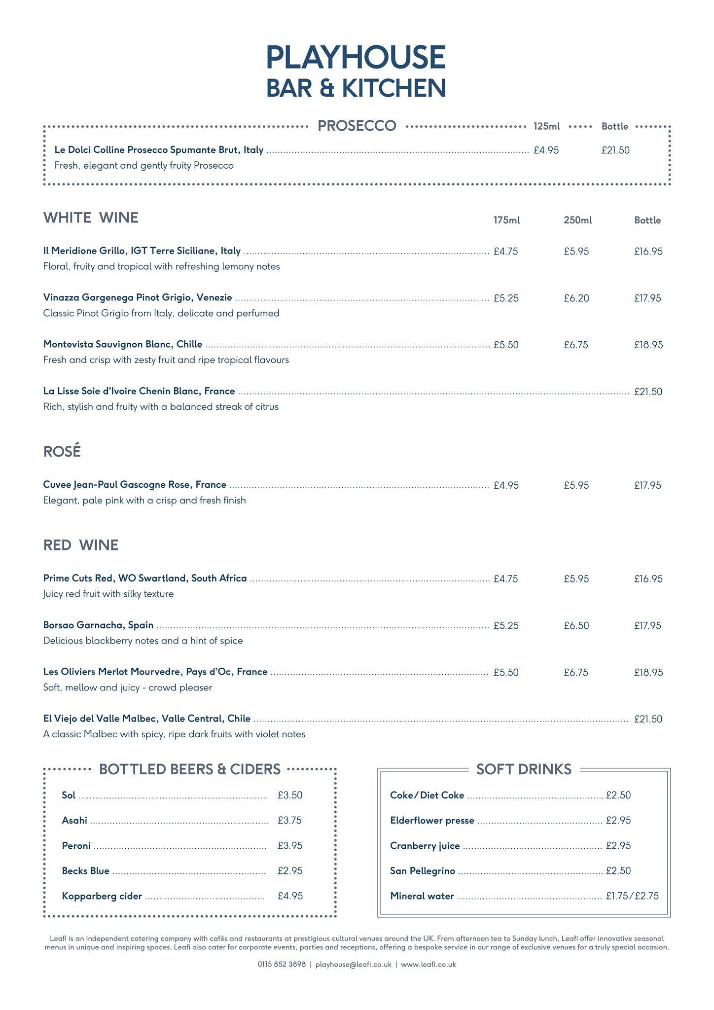 Menu at Playhouse Bar and Kitchen, Nottingham