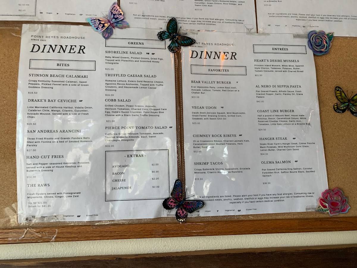 Menu at Point Reyes Roadhouse restaurant, Point Reyes Station