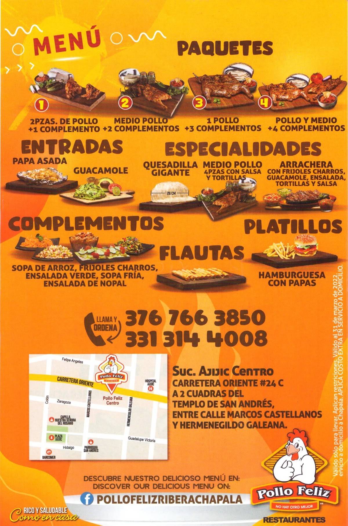 Carta del restaurante Pollo Feliz, Ajijic