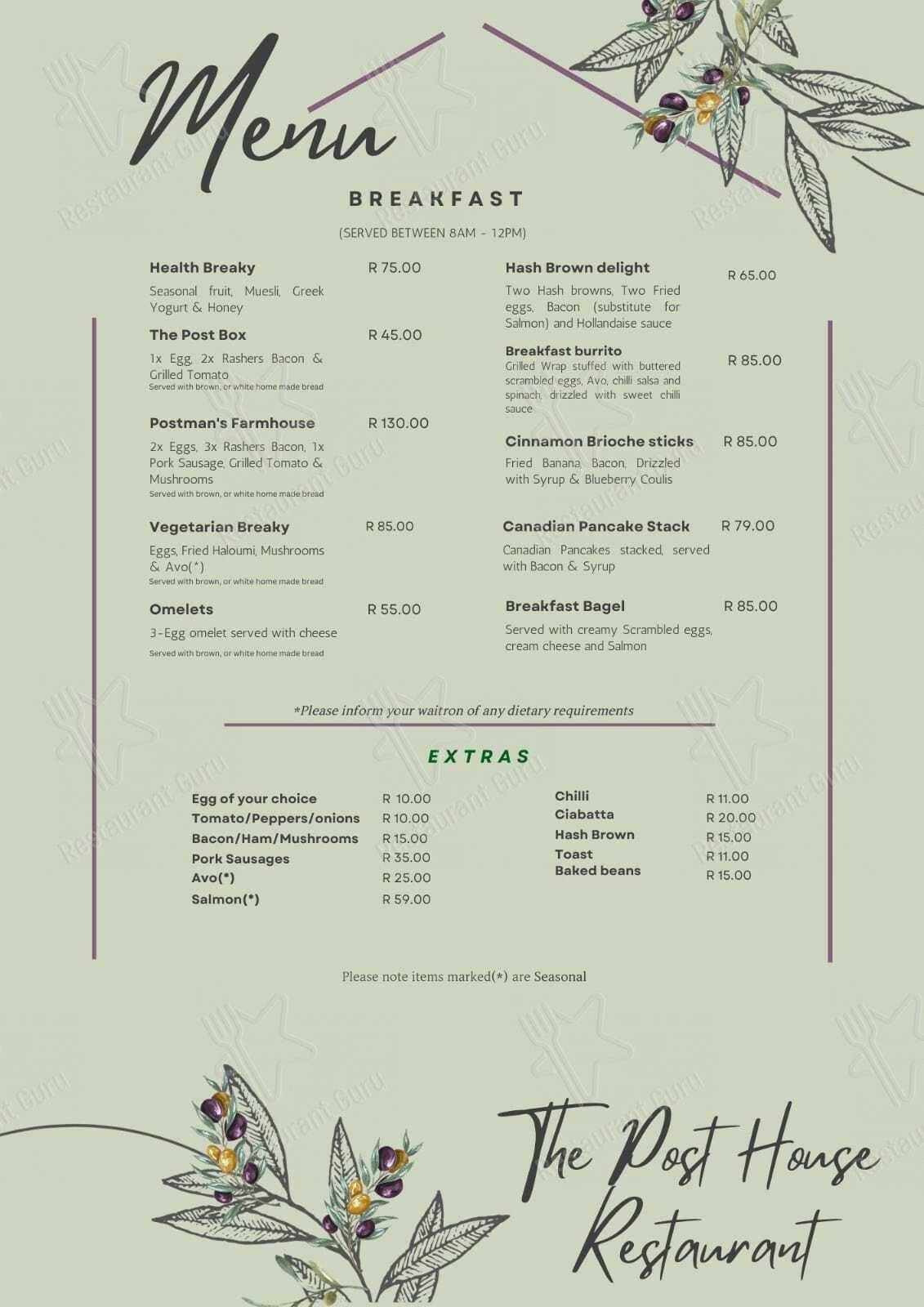 Menu at The Posthouse Restaurant, Clarens