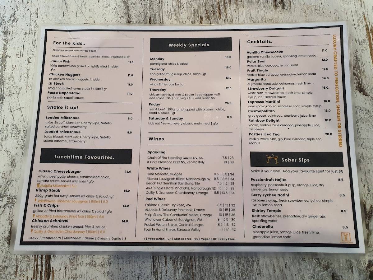 Menu at Postman's Tavern restaurant, Nowra