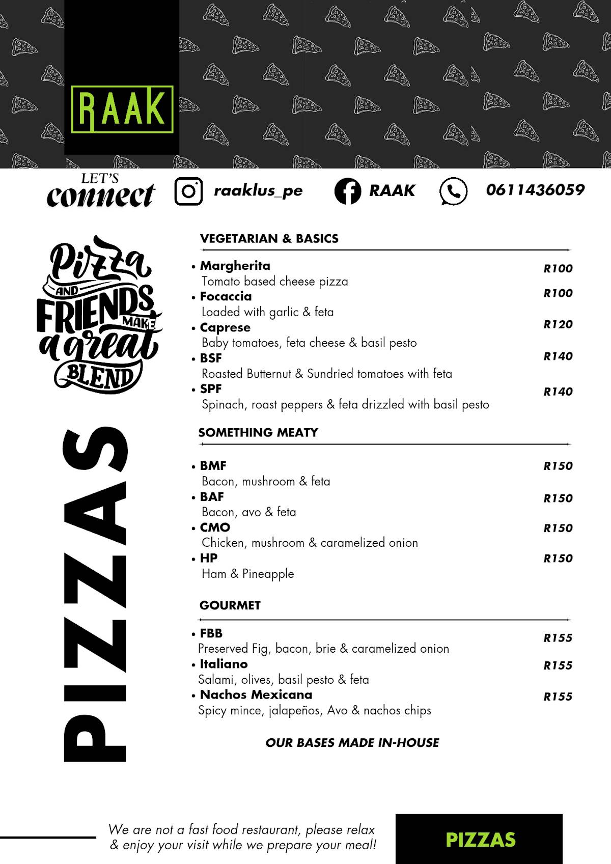 Menu at RAAK restaurant, Port Elizabeth, Salisbury Centre