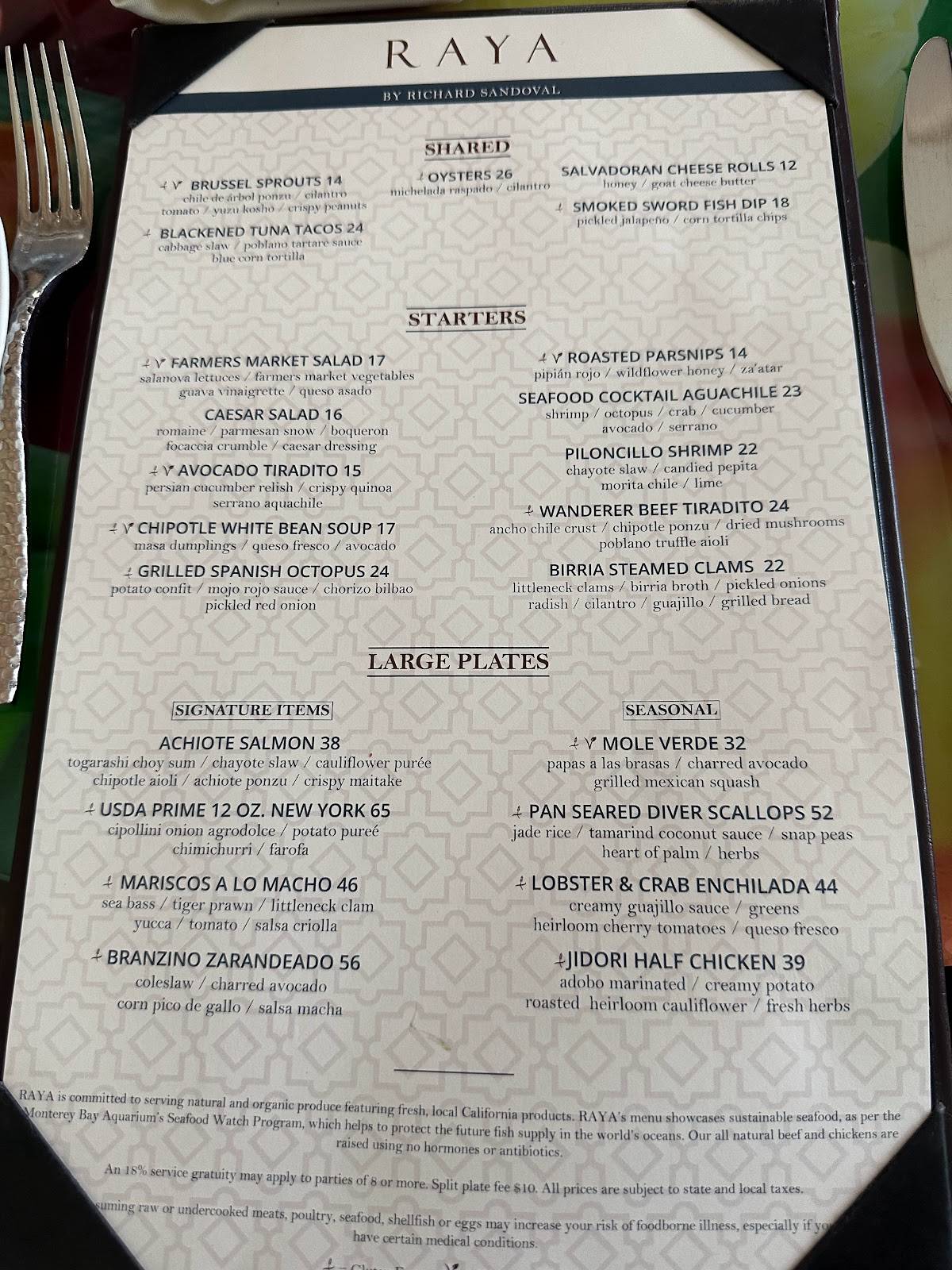 Menu at RAYA restaurant, Dana Point, 1 Ritz Carlton Dr