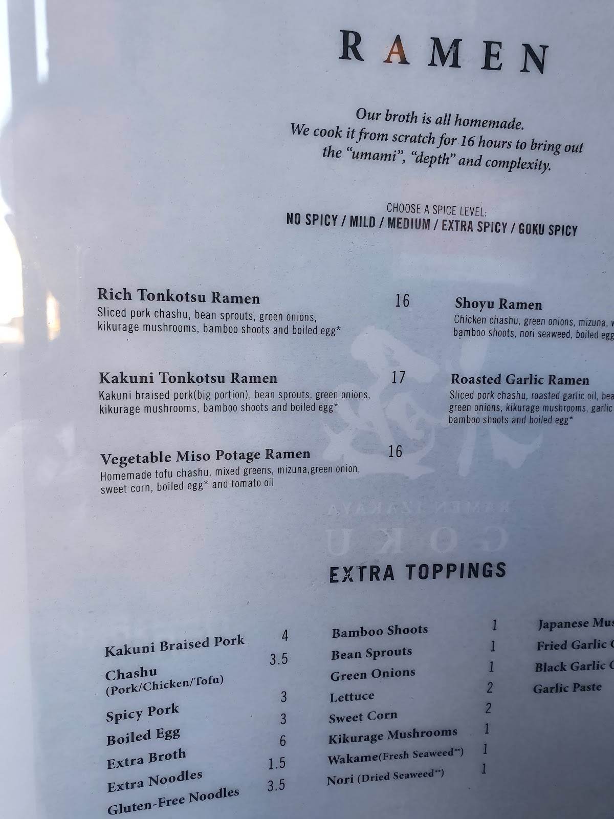 Carta del restaurante Ramen Izakaya Goku, San Francisco