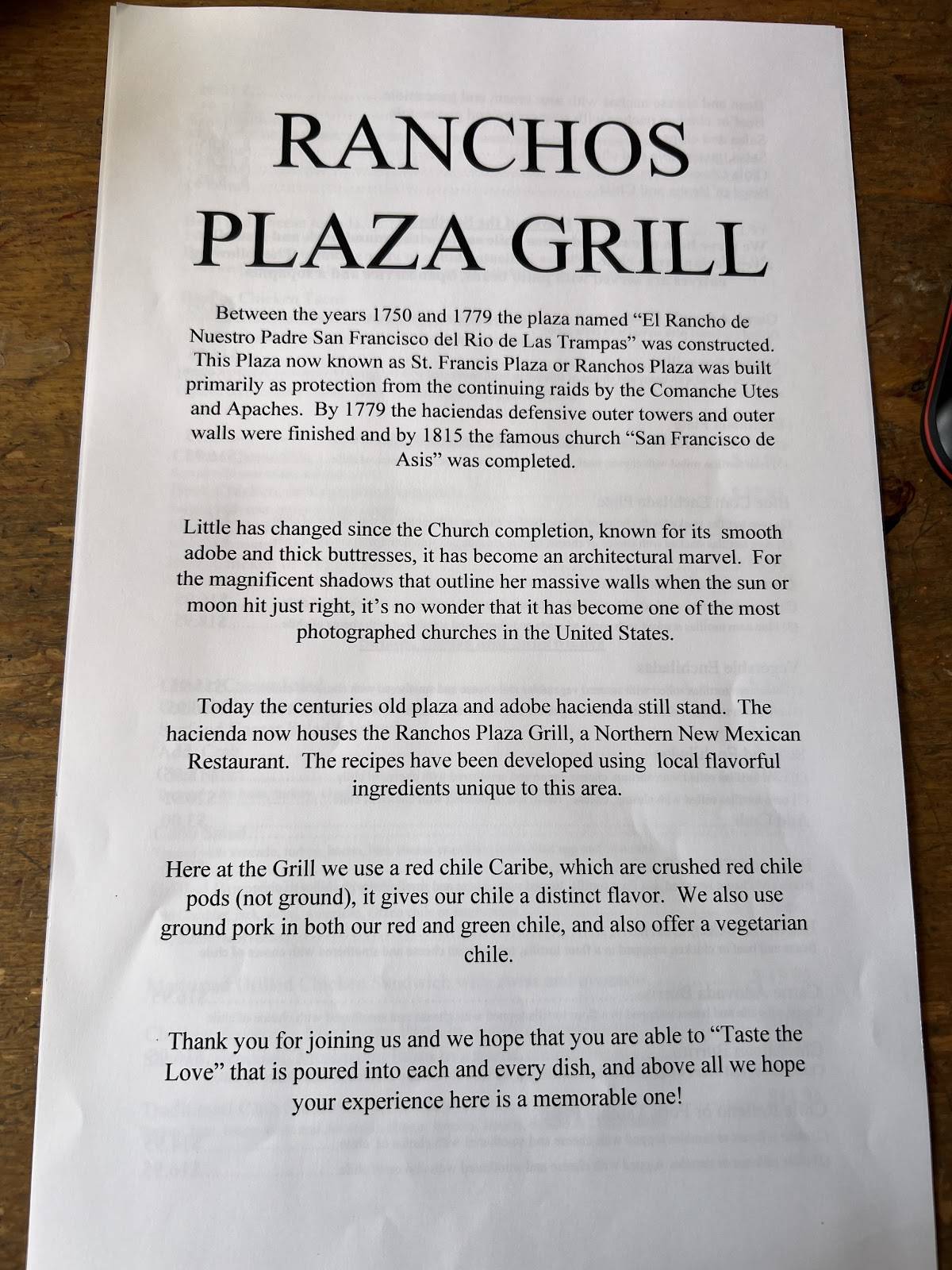 Menu at Ranchos Plaza Grill restaurant, Ranchos de Taos