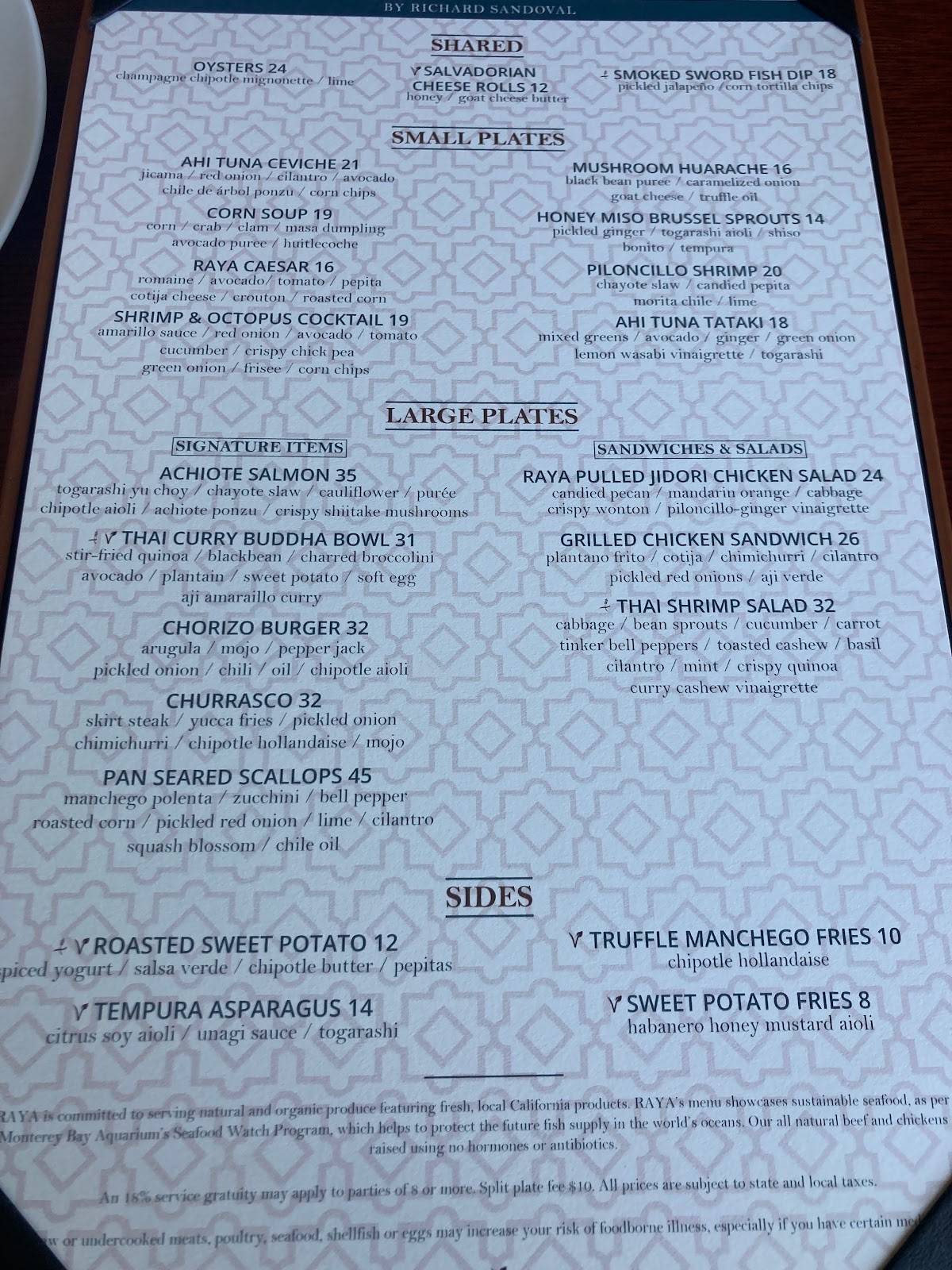 Menu at RAYA restaurant, Dana Point, 1 Ritz Carlton Dr