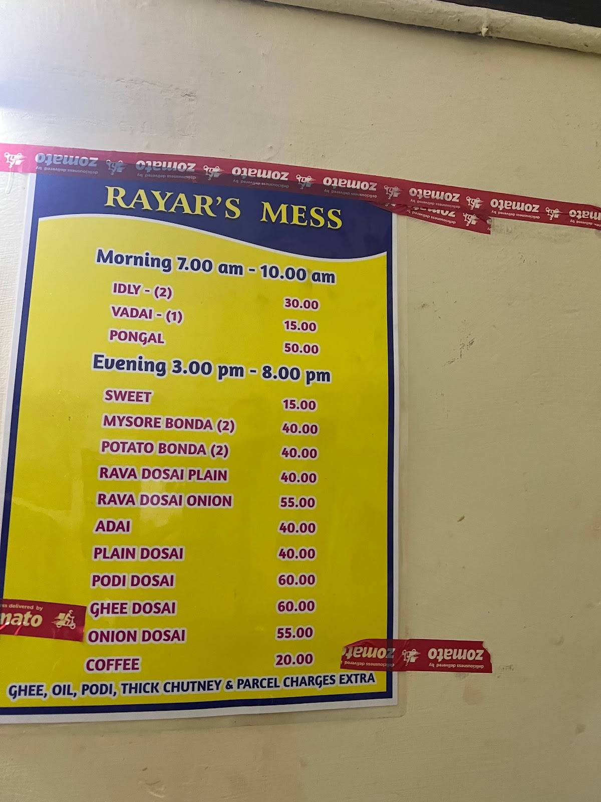 Menu at Rayar's mess, Chennai