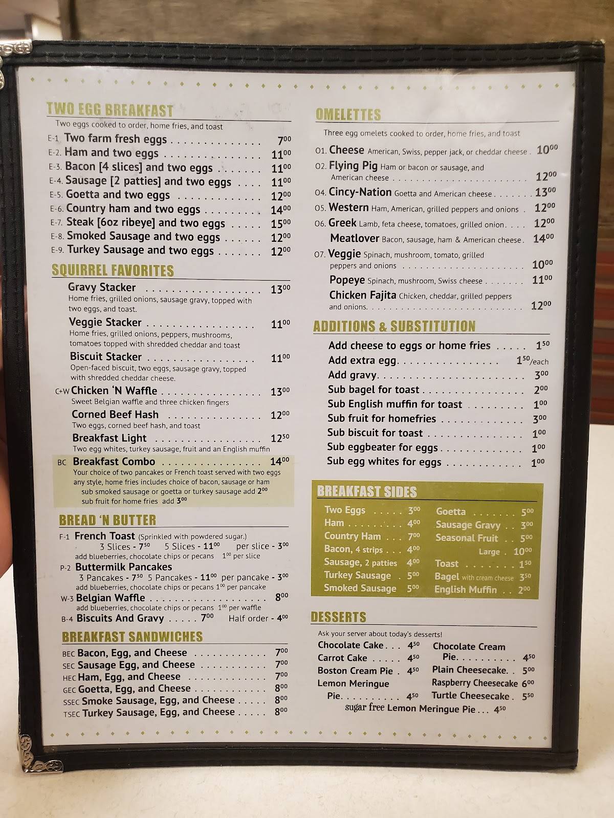 Menu at Red Squirrel restaurant, Cincinnati, Colerain Ave