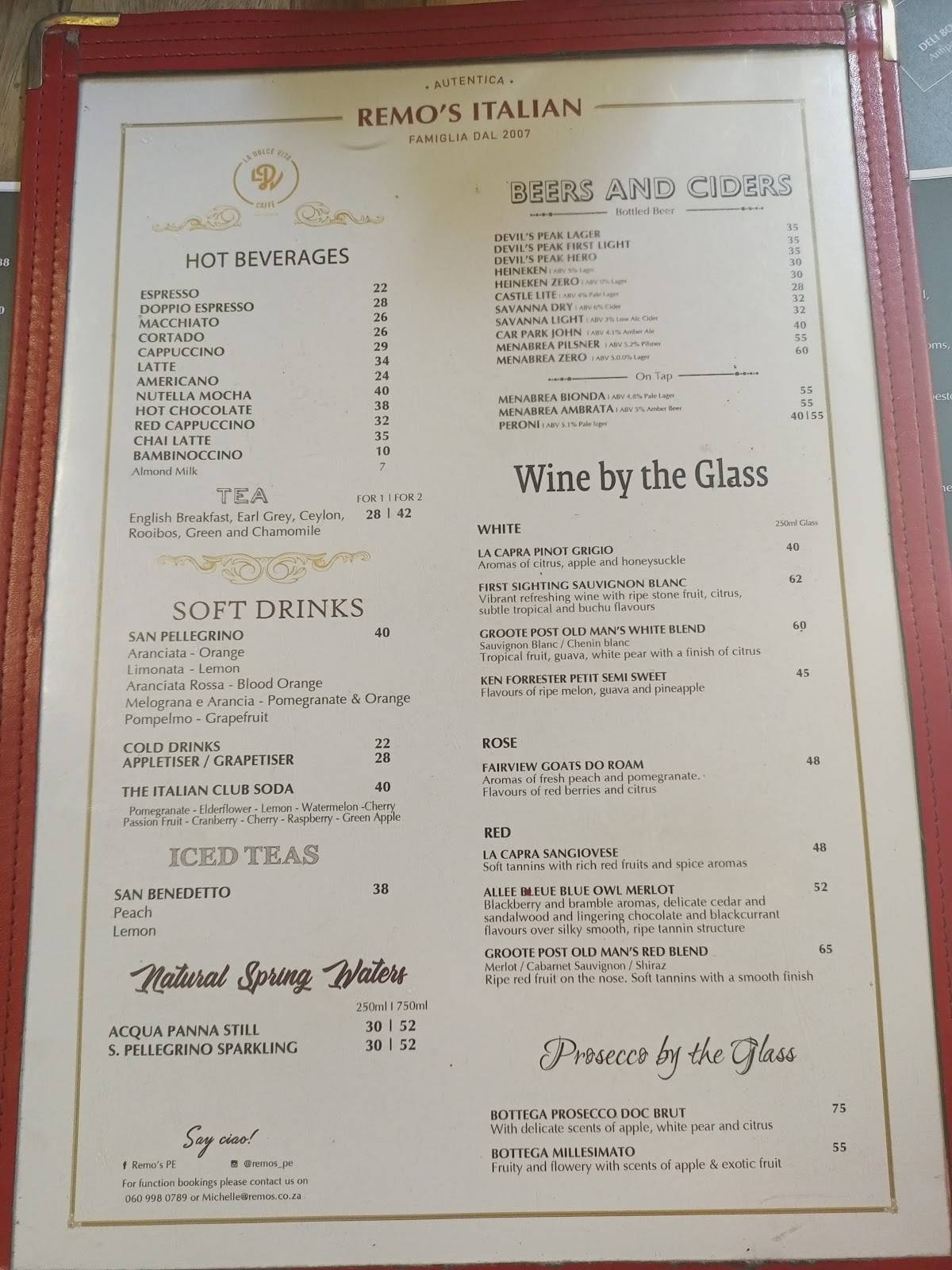 Menu at Remo's Italian restaurant, Port Elizabeth