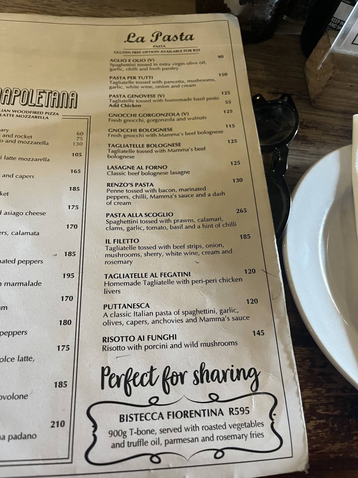 Menu at Remo's Italian restaurant, Port Elizabeth