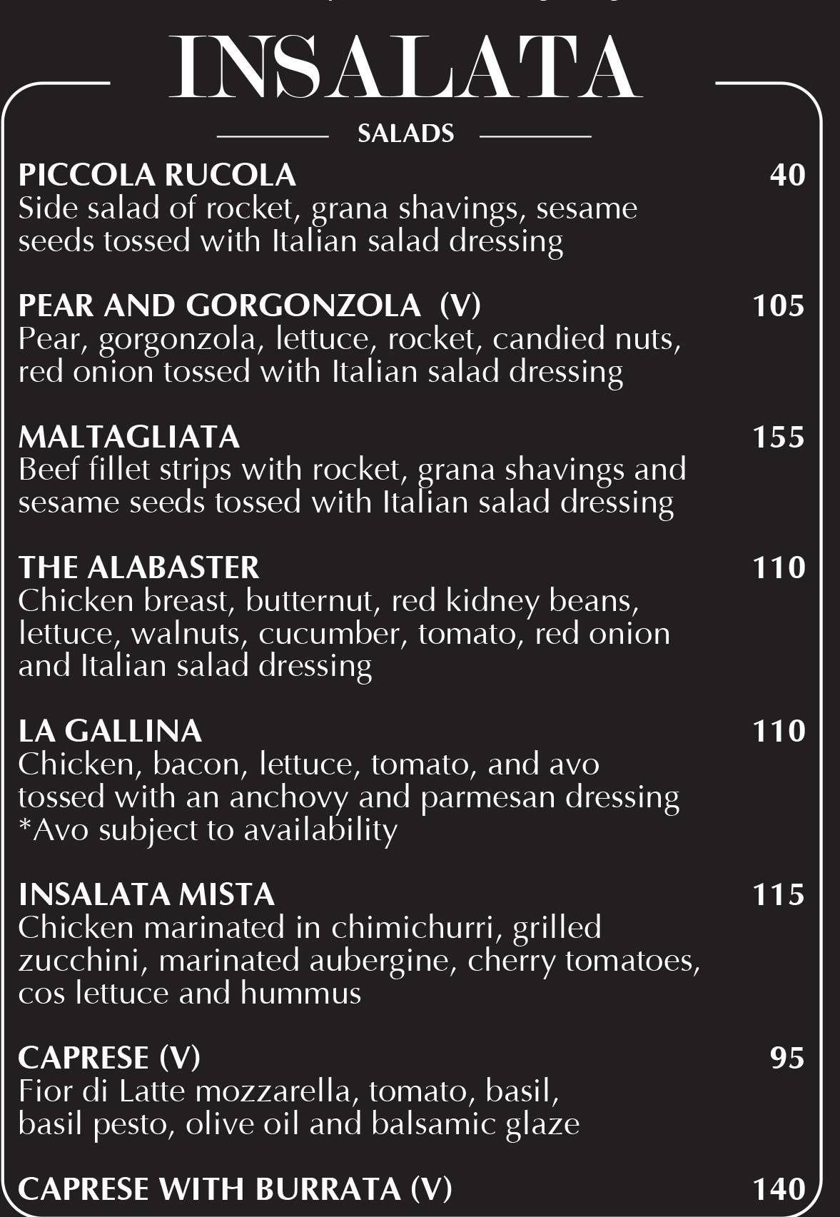 Menu at Remo's Italian restaurant, Port Elizabeth
