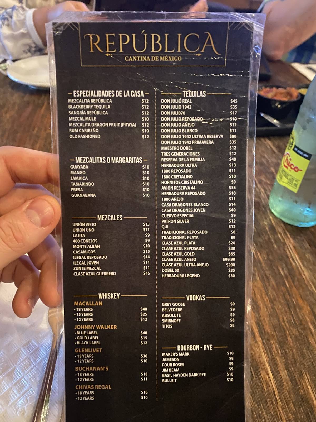 Menu at República cantina de México restaurant, Laredo