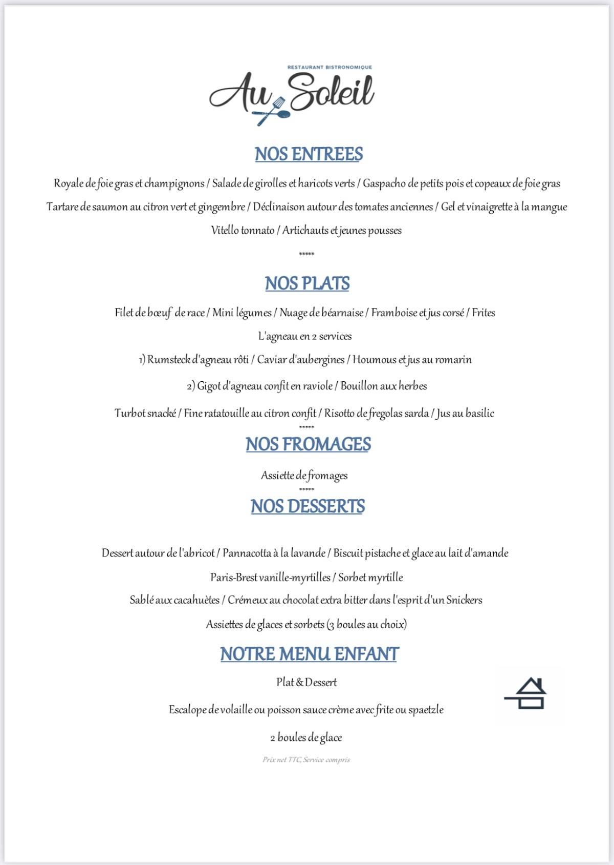 Menu au Restaurant Au Soleil Soultz-sous-forêts, Soultz-sous-Forêts