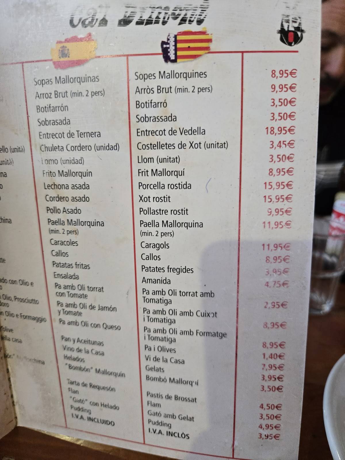 Carta de Restaurant Cal Dimoni, Algaida