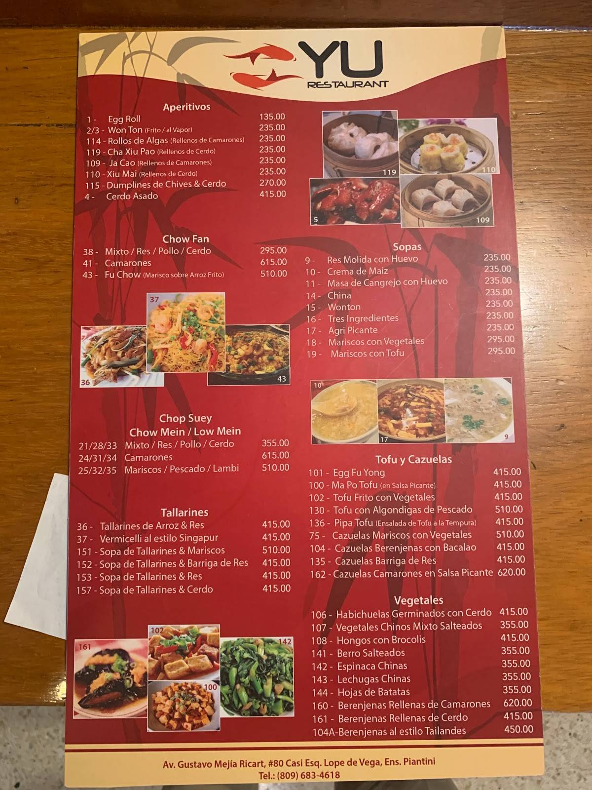 Carta de Restaurant Chino Yu, Santo Domingo
