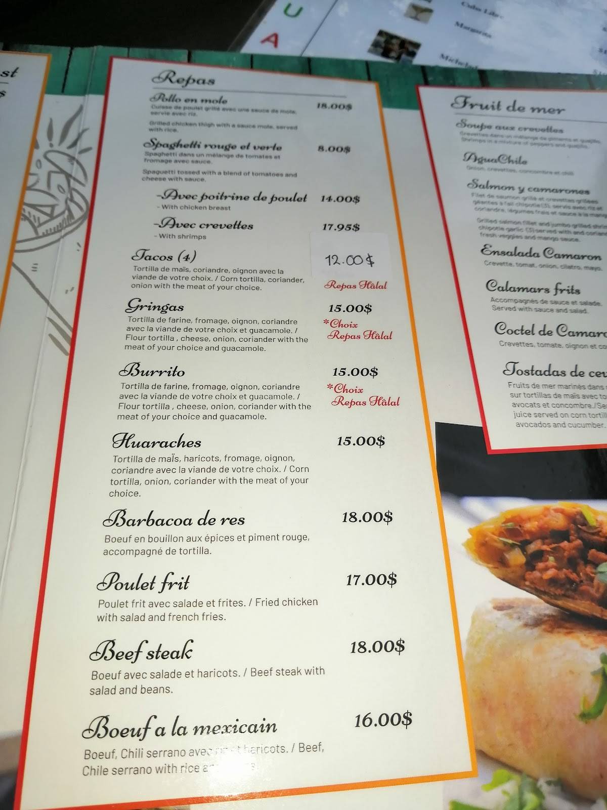 Menu au Restaurant, Montréal