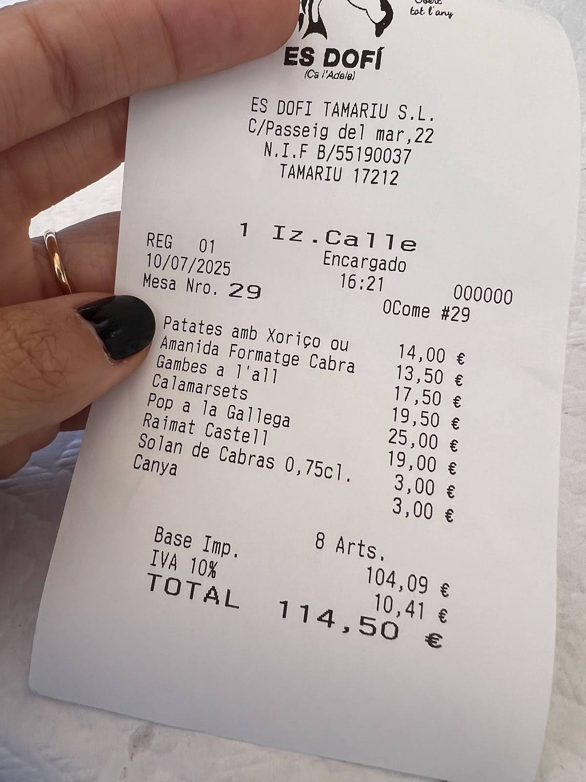 Carta de Restaurant Es Dofí, Tamariu, Passeig del Mar