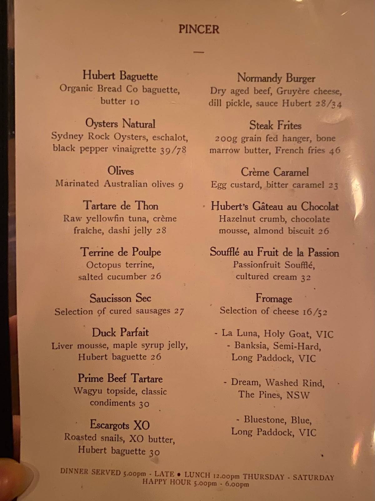 Menu at Restaurant Hubert, Sydney