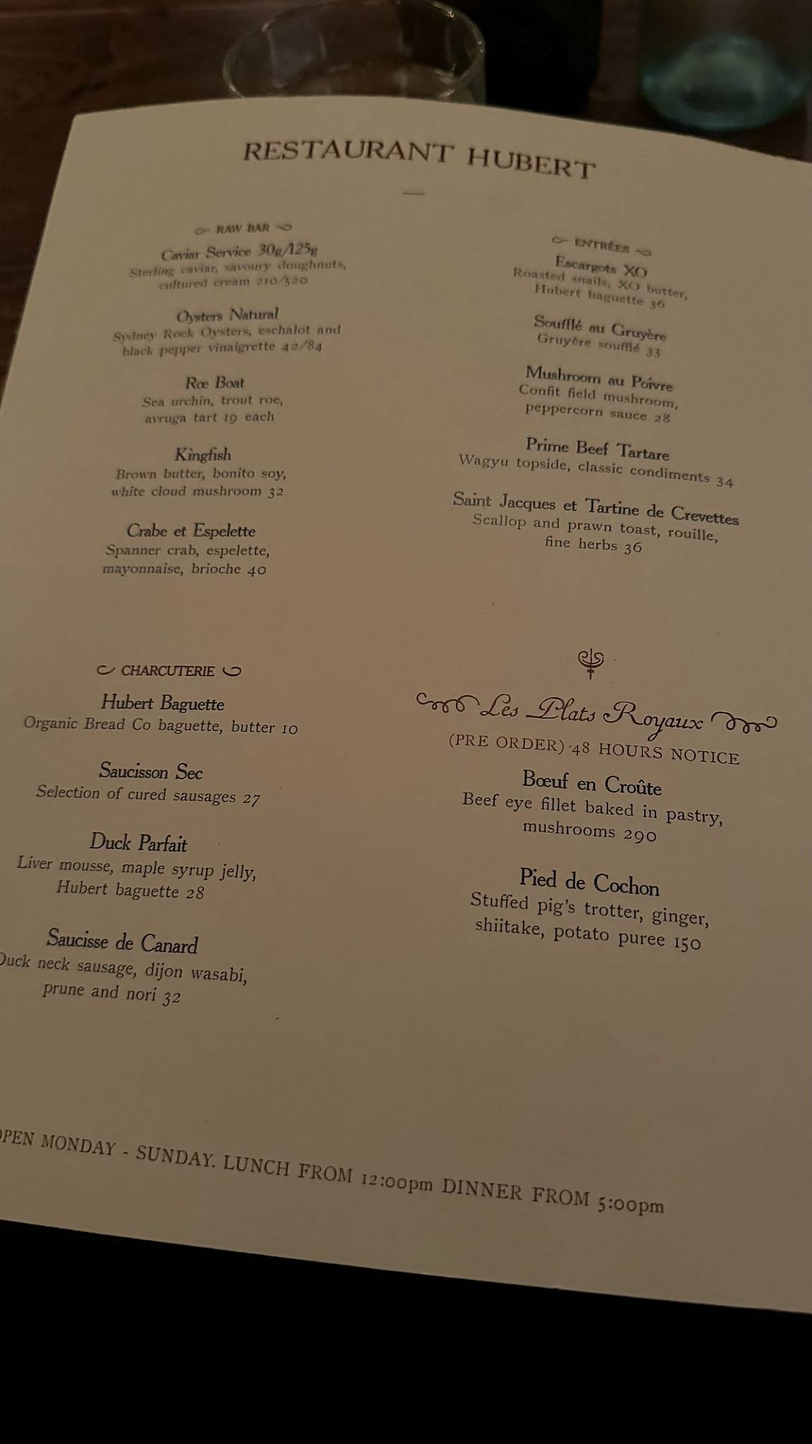 Menu at Restaurant Hubert, Sydney