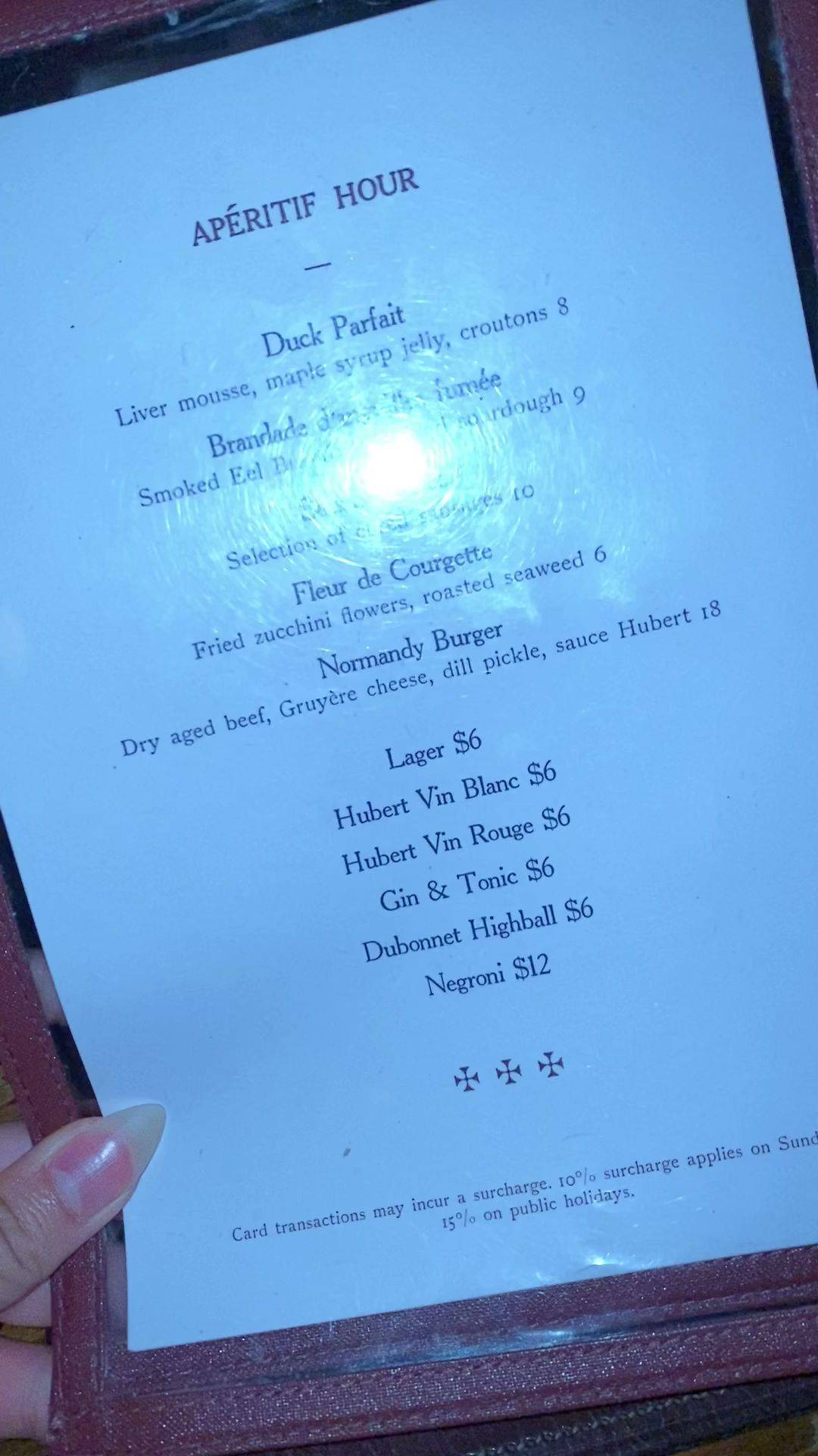 Menu at Restaurant Hubert, Sydney