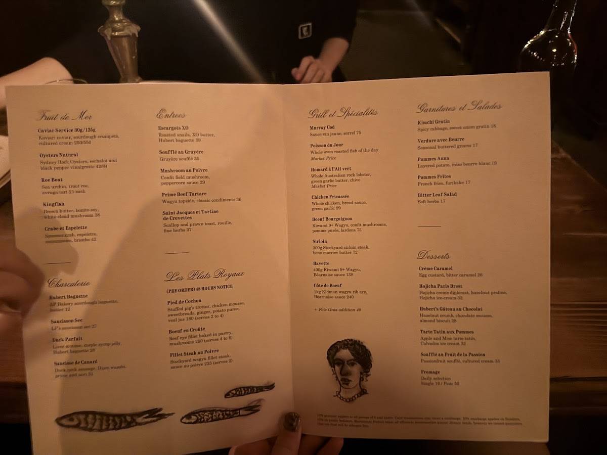 Menu at Restaurant Hubert, Sydney
