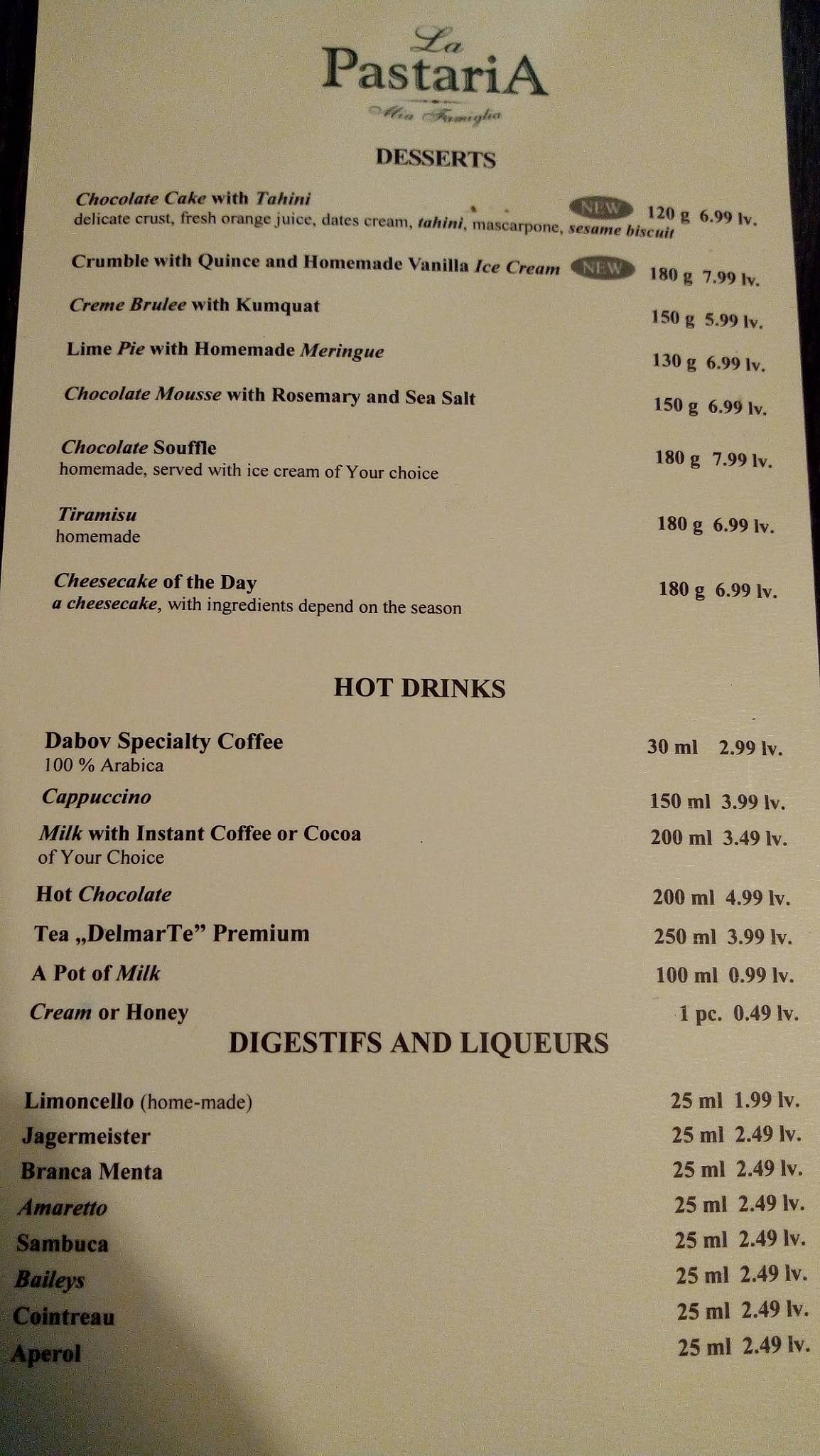 Menu at Restaurant La Pastaria, Sofia, Софармна Бизнес Тауърс