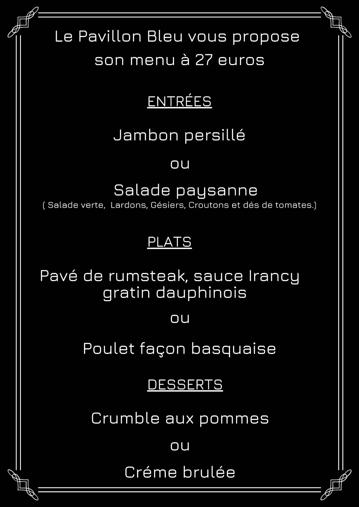 Menu au Restaurant Le Pavillon Bleu, Villevallier