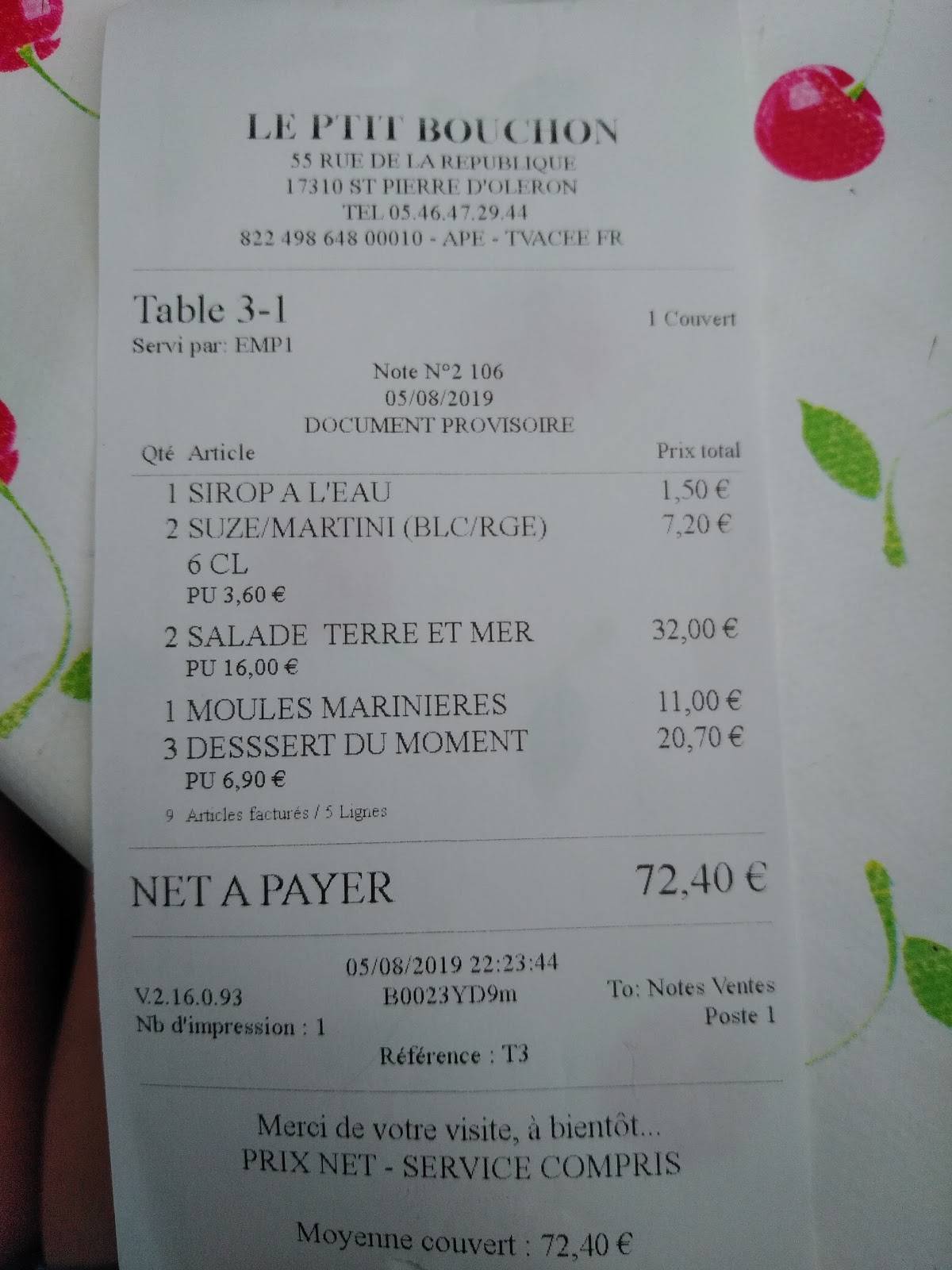 Menu au Restaurant Le p’tit bouchon, Saint-Pierre-d'Oléron, 55 Rue de ...
