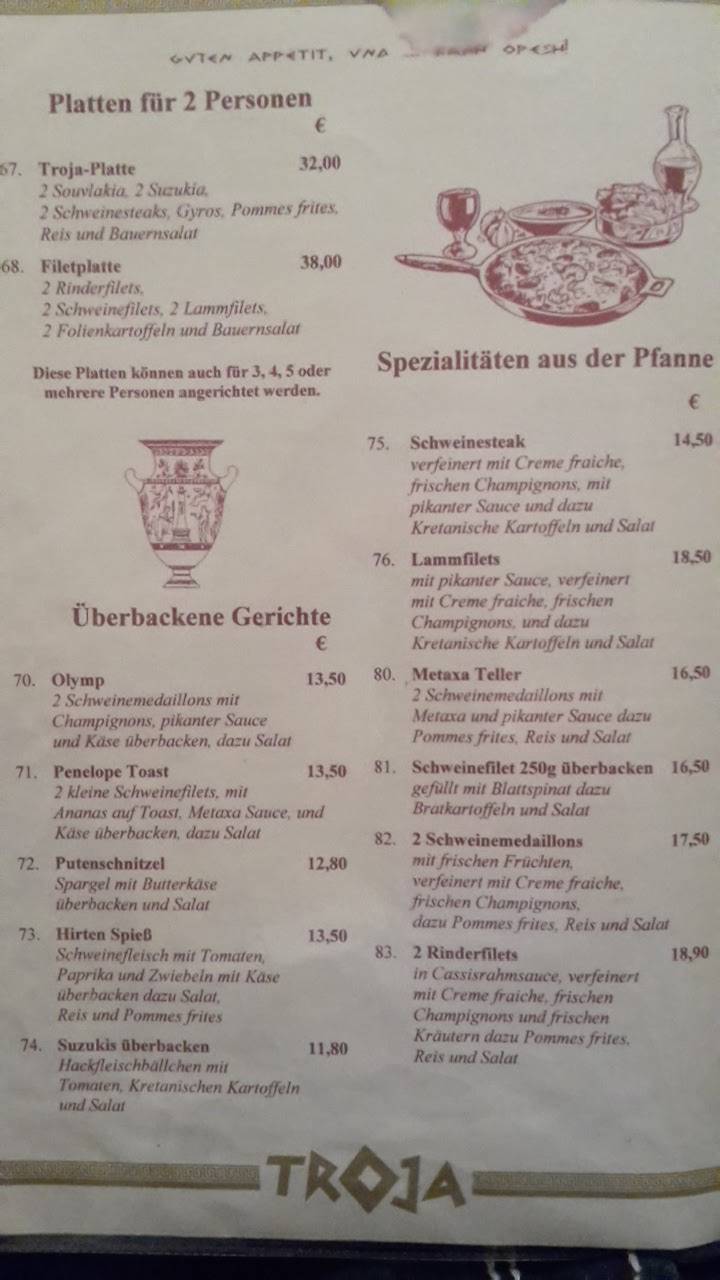 Speisekarte von Restaurant Troja, Mülheim an der Ruhr, Gracht 131