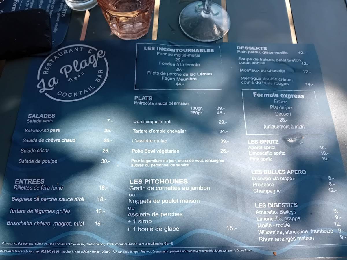 Menu au Restaurant de la plage & Bar Duô, Nyon