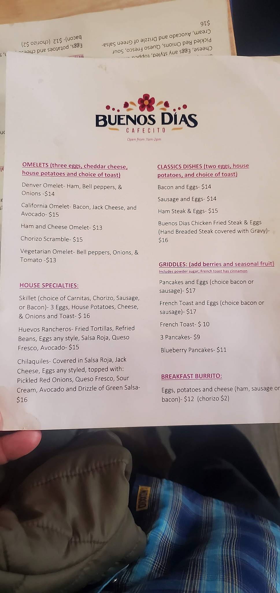 Carta de Restaurante Buenos Días, Tijuana, Av de los Insurgentes 2120