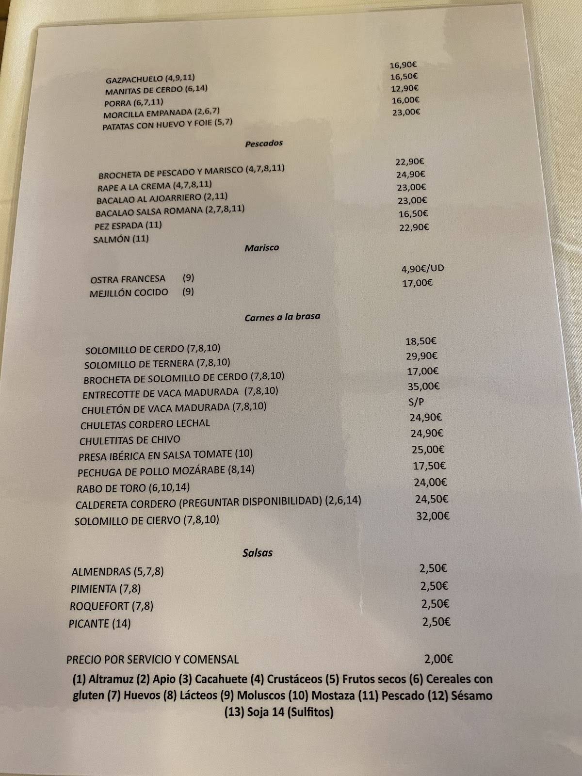 Carta del restaurante Caserío del San Benito, España, Autovía del Málaga