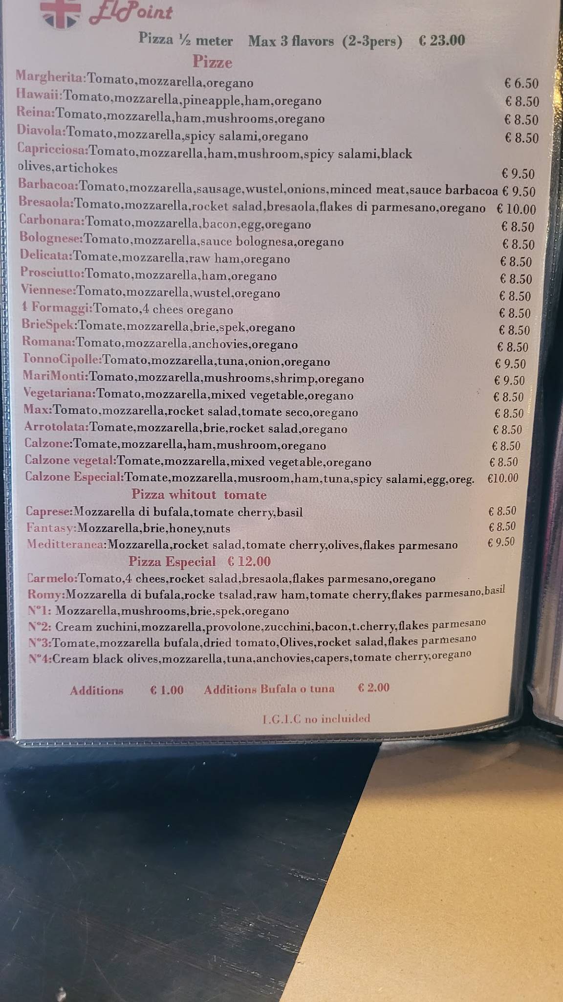 Carta de Restaurante El Point, Las Palmas de Gran Canaria
