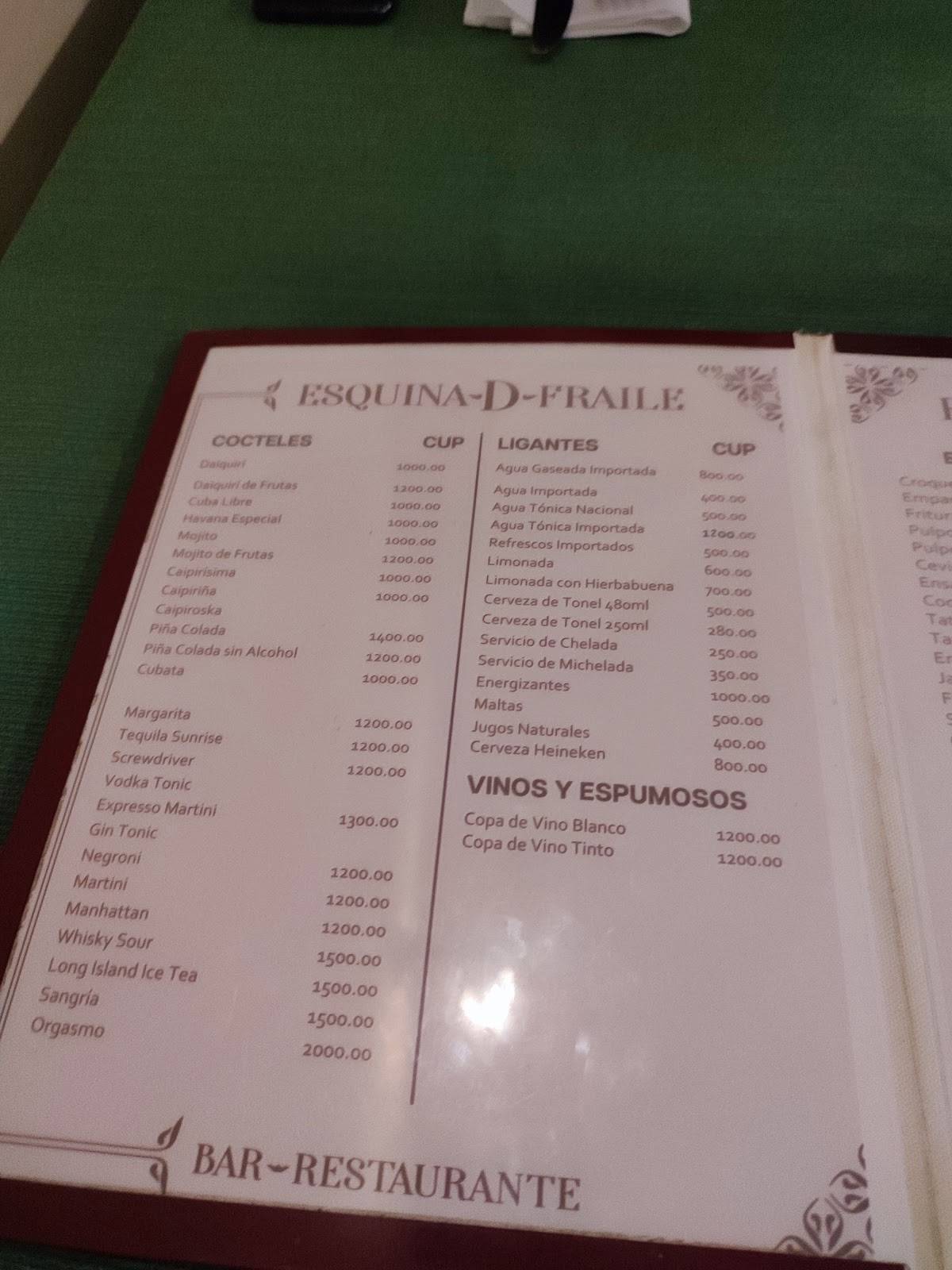Carta de Restaurante Esquina-D-Fraile, La Habana