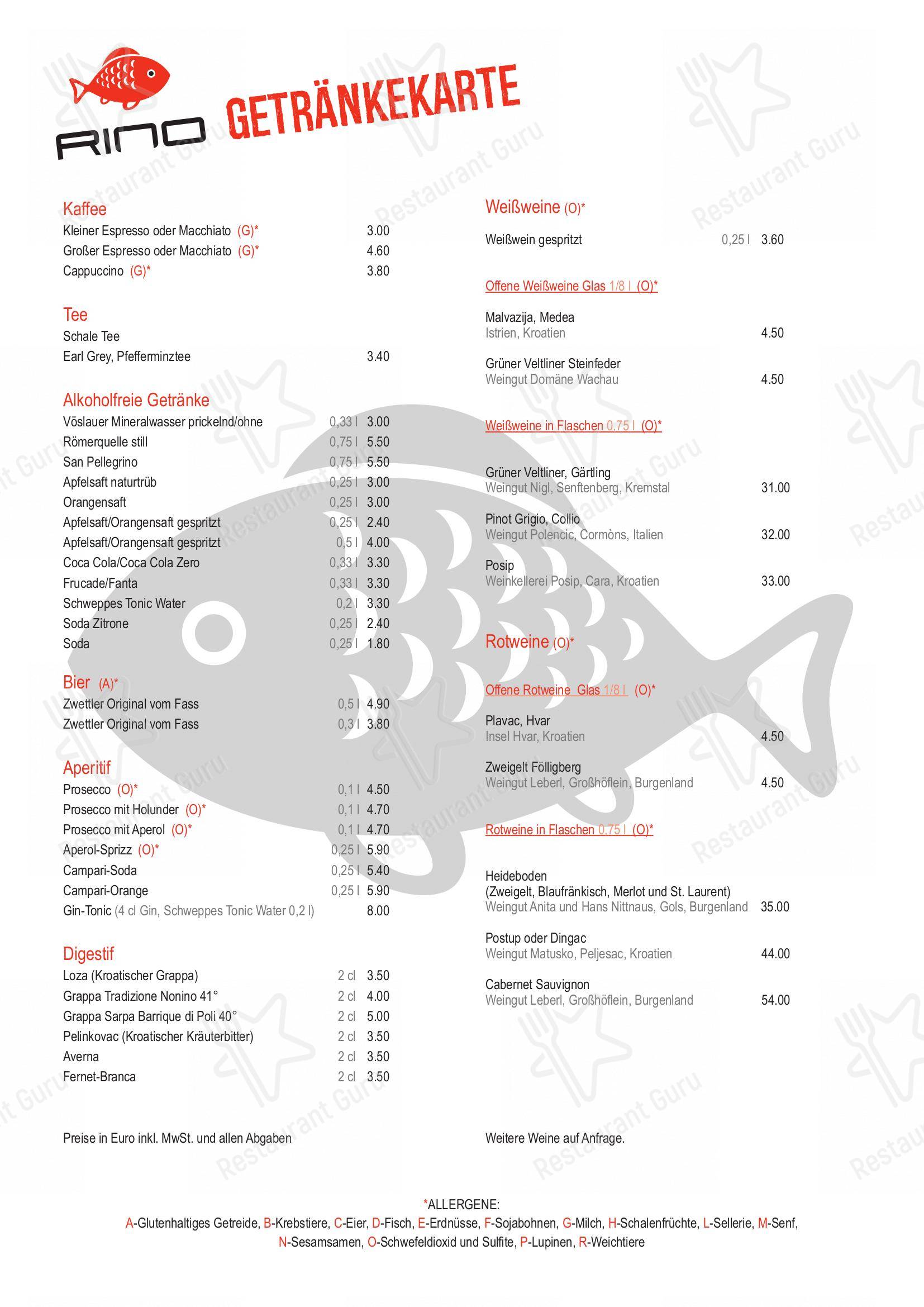 Speisekarte von Restaurant Rino, Wien