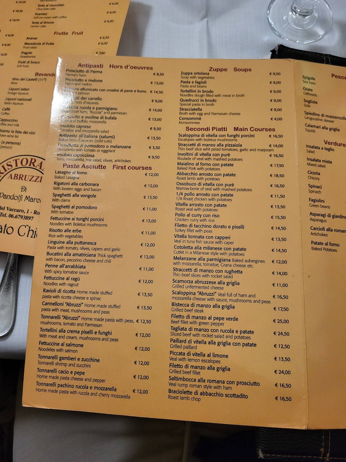 Menu at Ristorante Abruzzi, Rome
