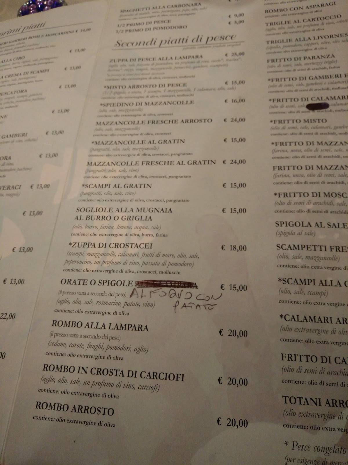 Menu da Ristorante La Lampara da Ciro, Fiumicino, Lungomare della Salute