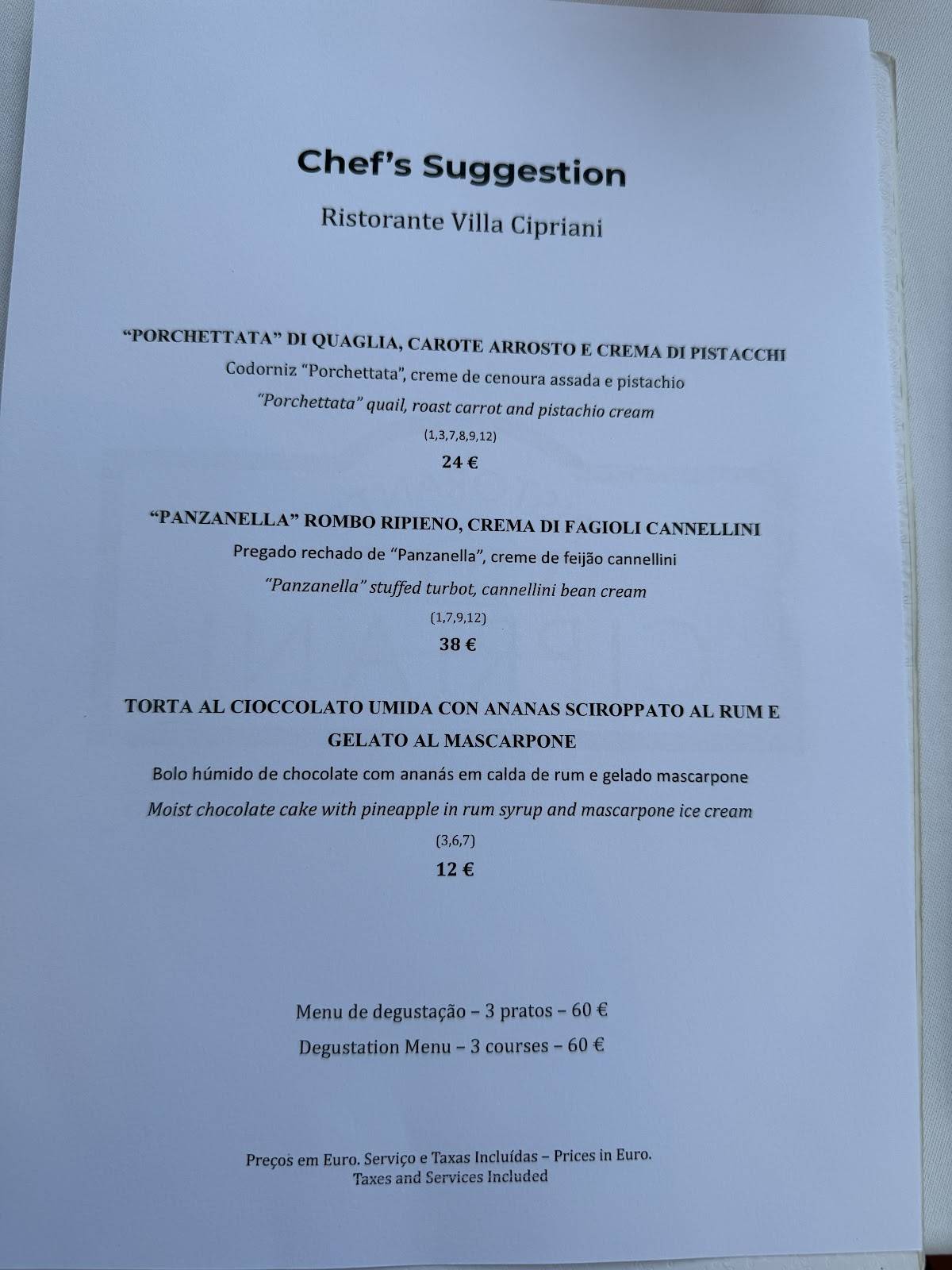 Menu at Ristorante Villa Cipriani restaurant, Funchal