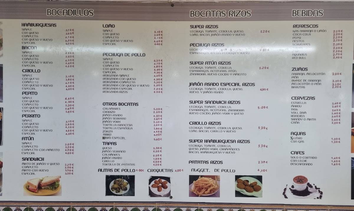 Carta de Bocatería Rizos, Pontevedra