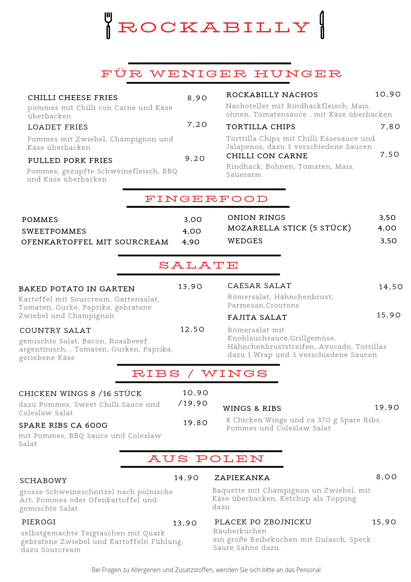 Speisekarte von Rockabilly restaurant, Prüm