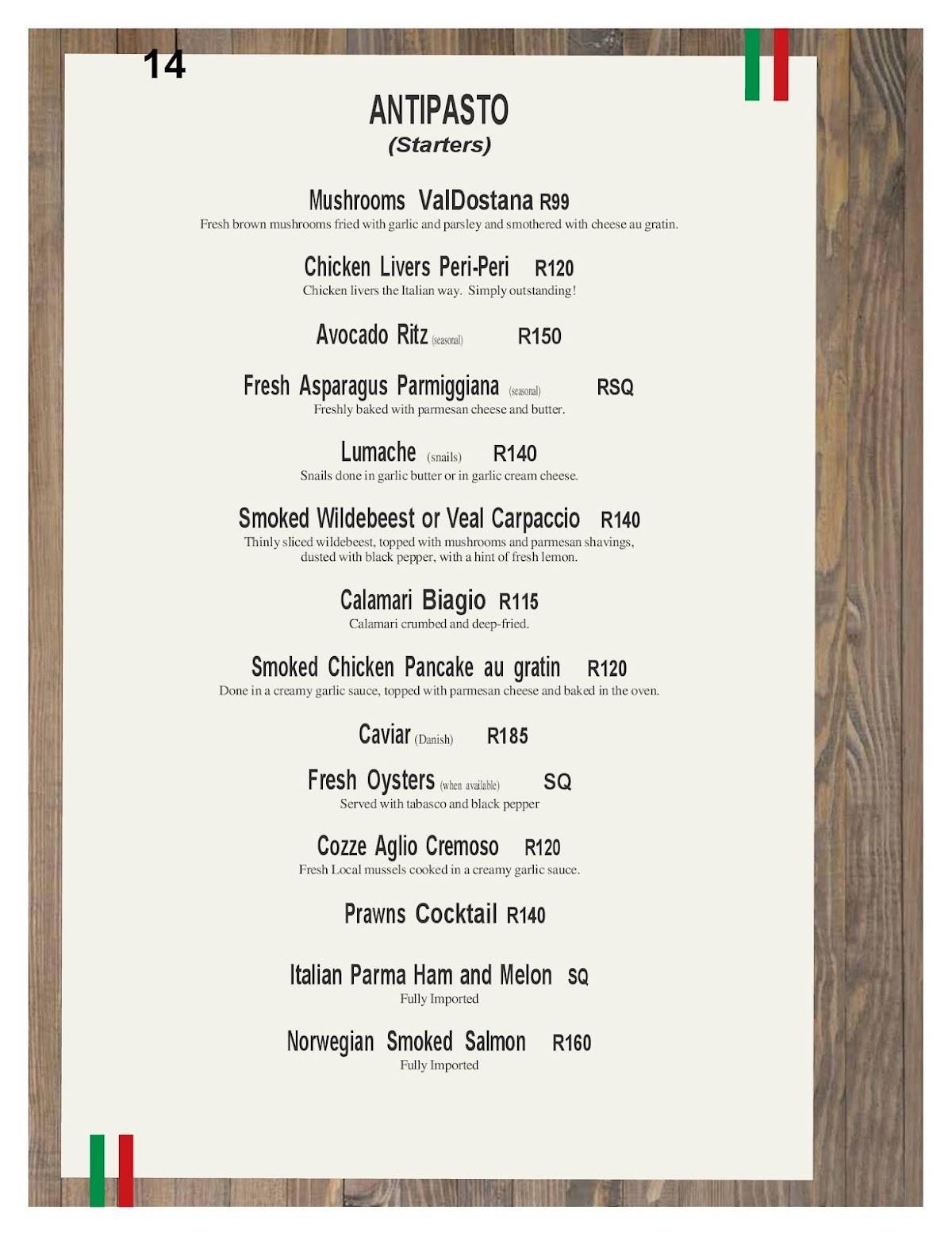 Menu at Roma Revolving Restaurant, Durban, 32 John Ross House