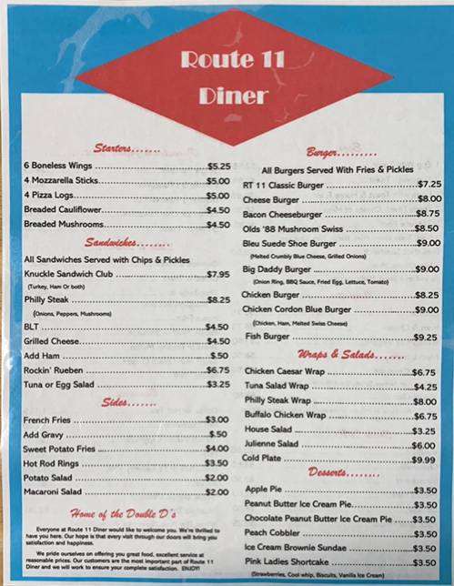 Menu at Route 11 Diner restaurant, Gouverneur